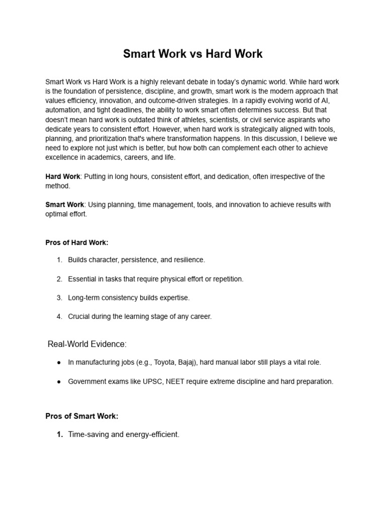 Smart vs Hard Work: A Balanced Approach | PDF | Innovation | Artificial ...