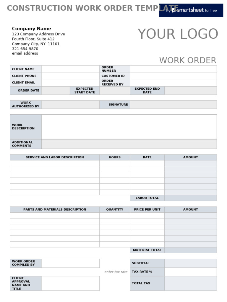 IC Construction Work Order Template 12207 - WORD | PDF