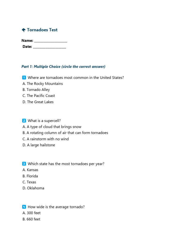 Tornadoes Test: Name: Date | PDF