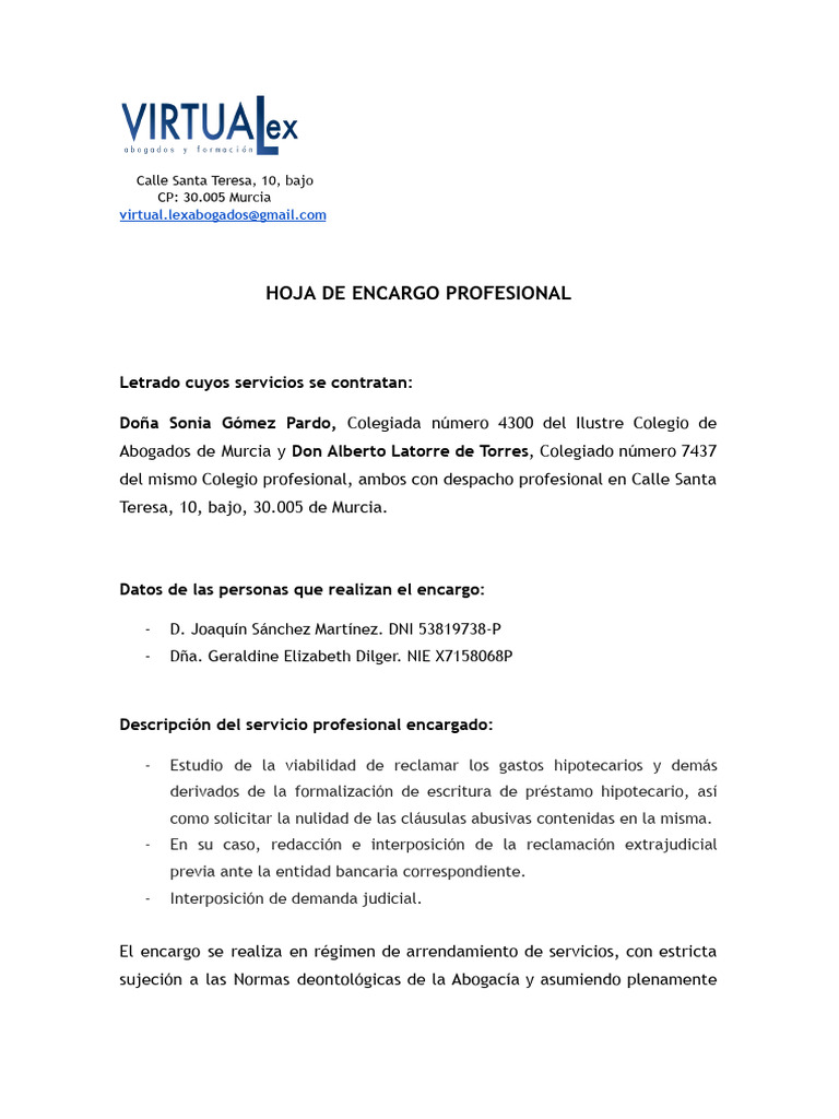 Hoja de Encargo Profesional Hipoteca - Docx 2 | PDF