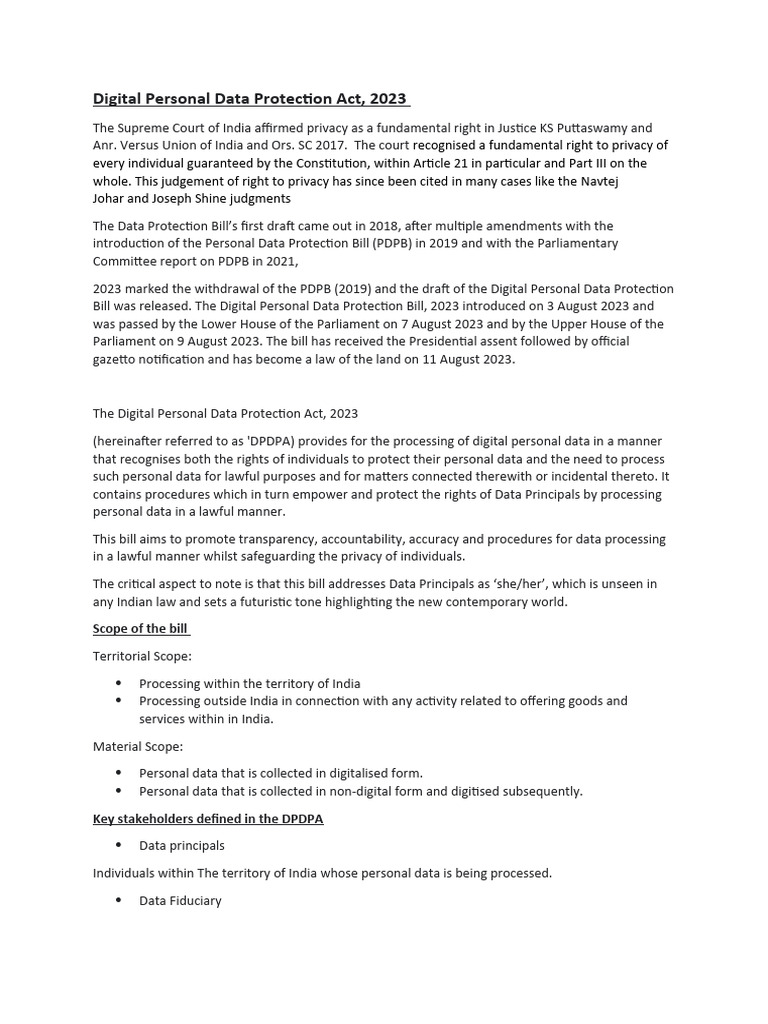 Digital Personal Data Protection Act | PDF | Fiduciary | Bill (Law)