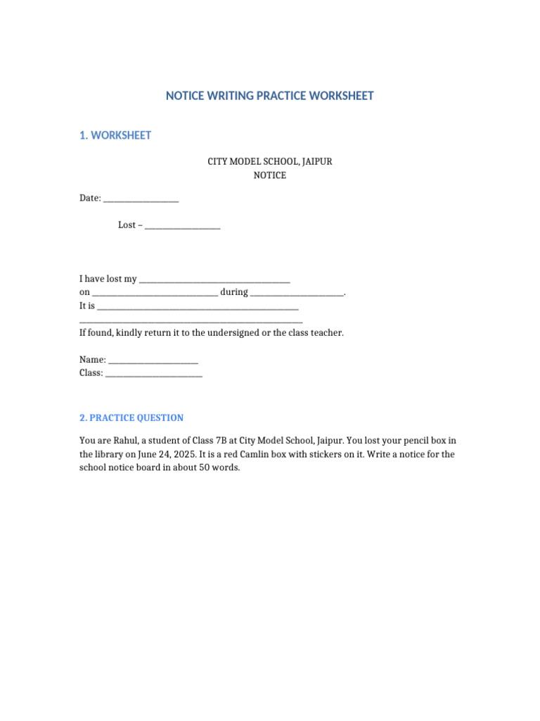 Lost Notice Writing Worksheet Class 7 | PDF