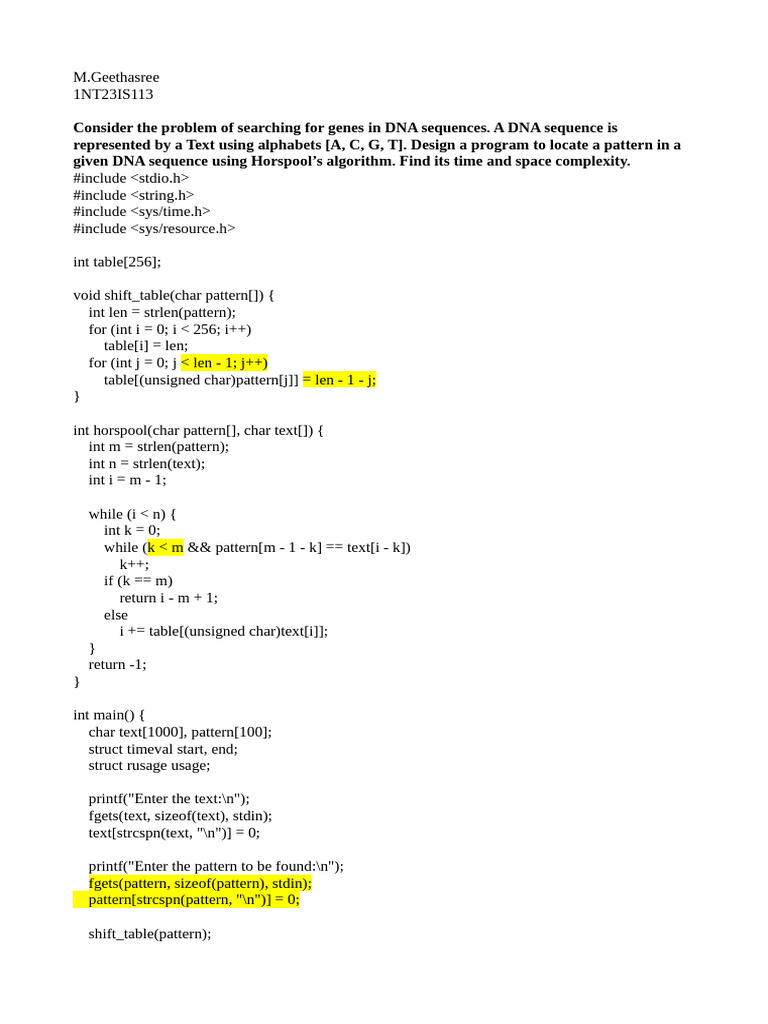 Horspool's Algorithm for DNA Search | PDF