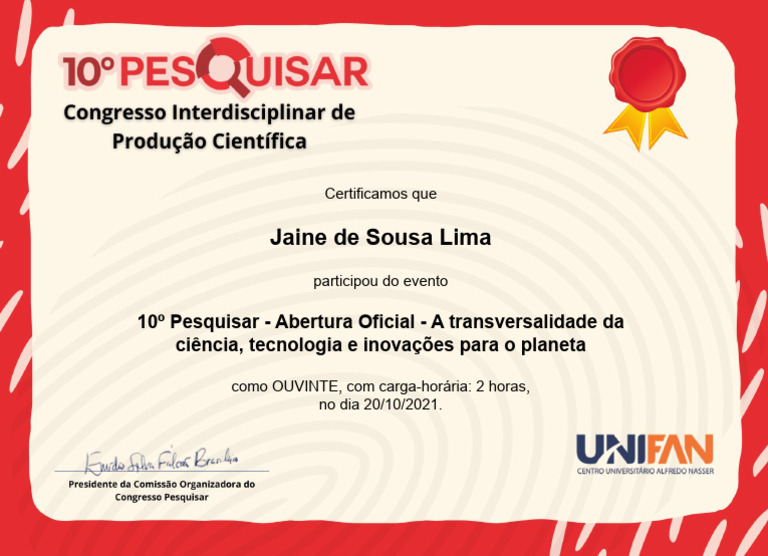 Certificado de Participação de Jaine Lima | PDF
