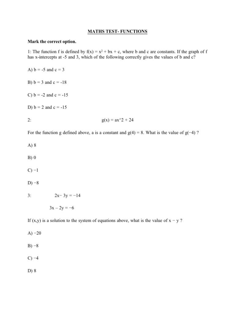 Maths Test on Functions and Equations | PDF | Function (Mathematics ...