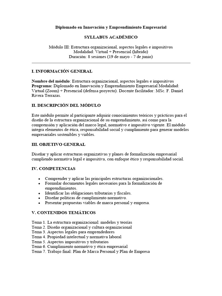 1 Syllabus DIPLOMADO Estructura Organizacional | PDF | Derecho laboral | Iniciativa empresarial