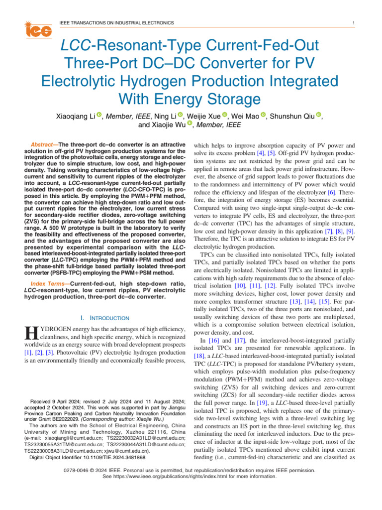 LCC-Resonant-Type Current-Fed-Out Three-Port DCDC Converter For PV Electrolytic Hydrogen ...