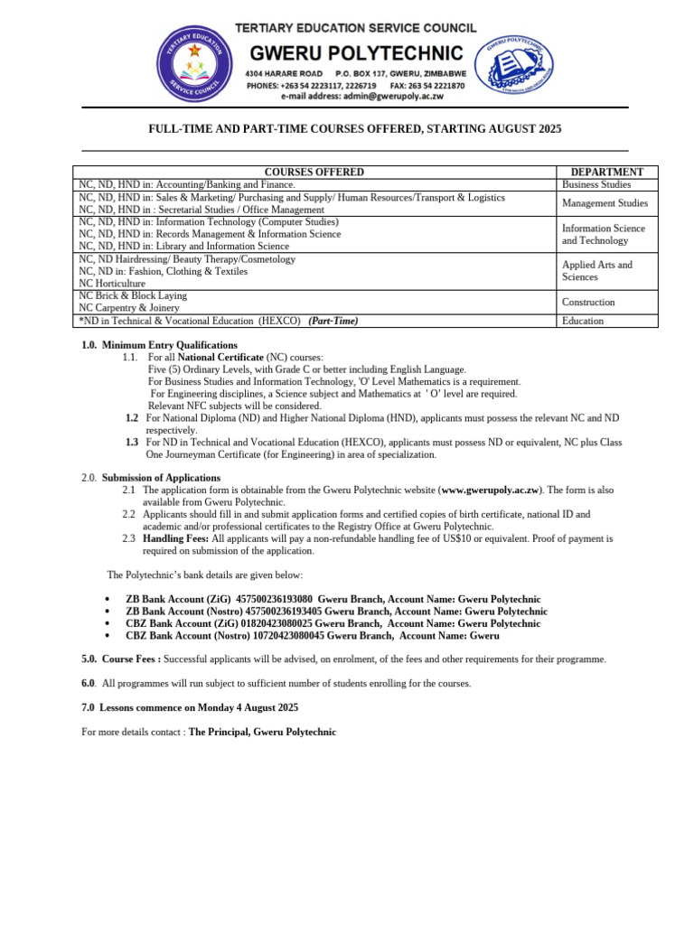 Gweru Polytechnic 2025 Intake Details | PDF | Diploma | Vocational ...