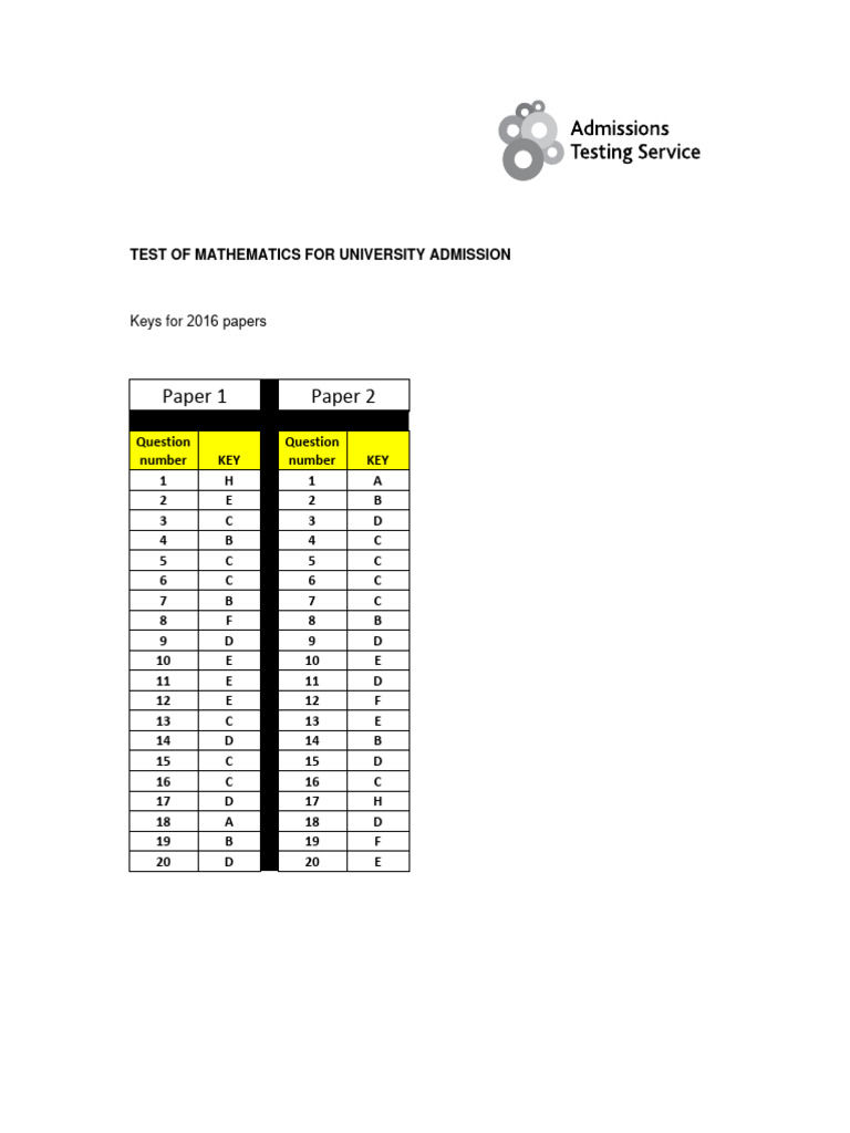 TMUA 2016 Answer Keys | PDF