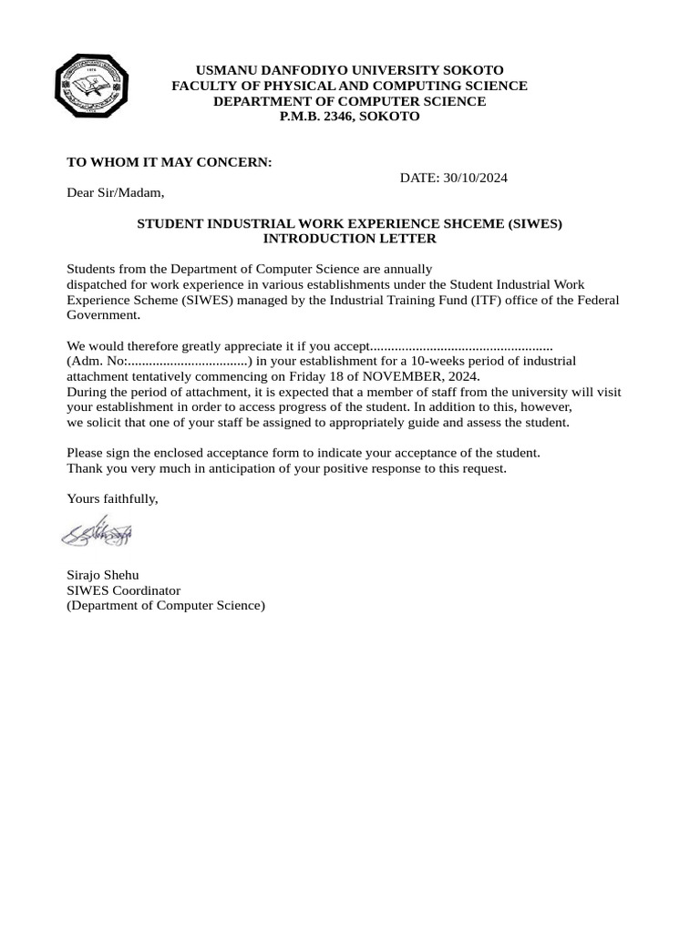 New Introductory Letter (Siwes) | PDF