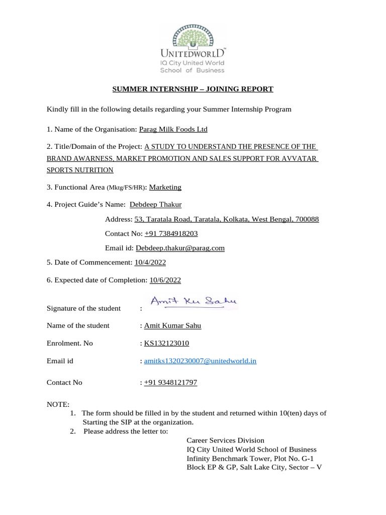 SIP - Joining Report Form - IQ City UWSB | PDF