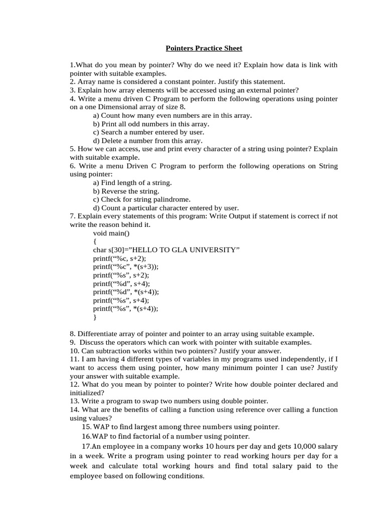 Pointers Practice Sheet | PDF | Pointer (Computer Programming) | String (Computer Science)