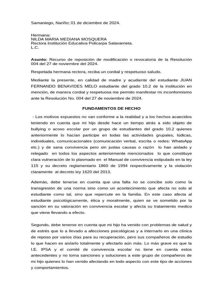 Recurso de Reposicion Estudiante Ipsa | PDF | Justicia | Crimen y violencia