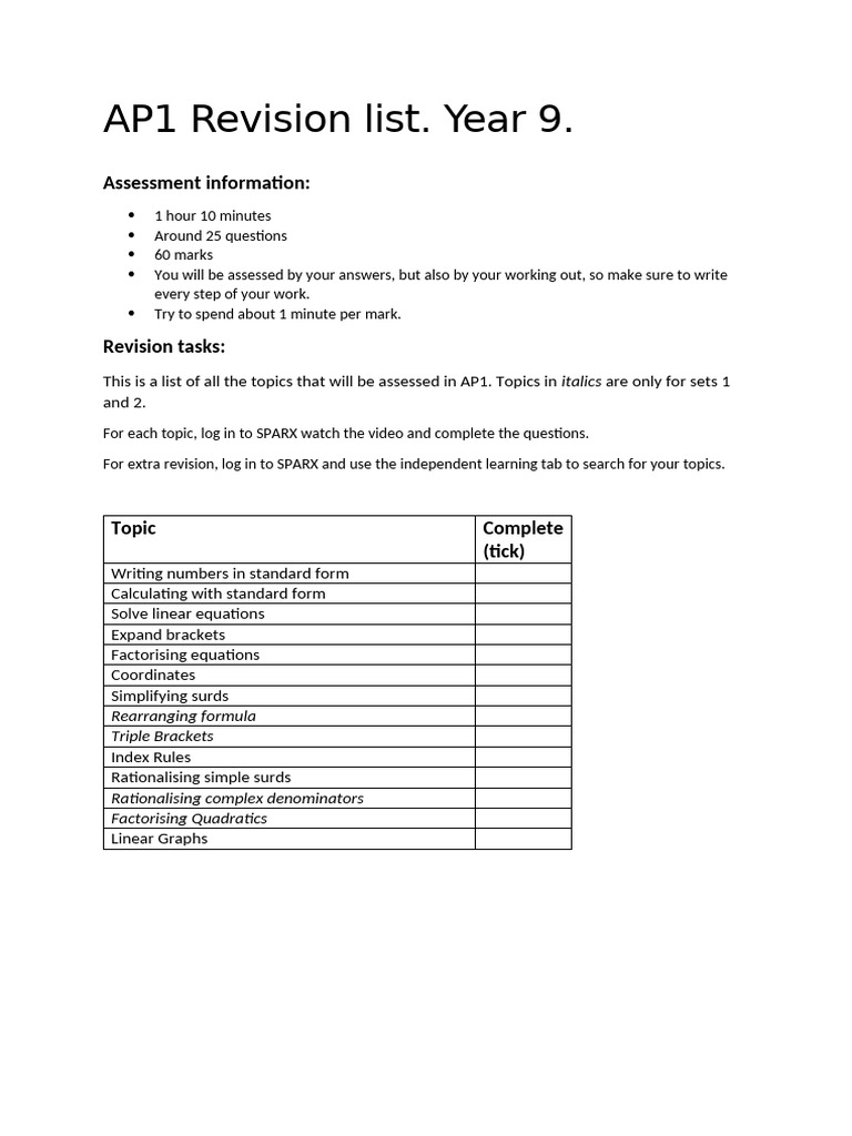 Year 9 AP1 Revision Topics List | PDF