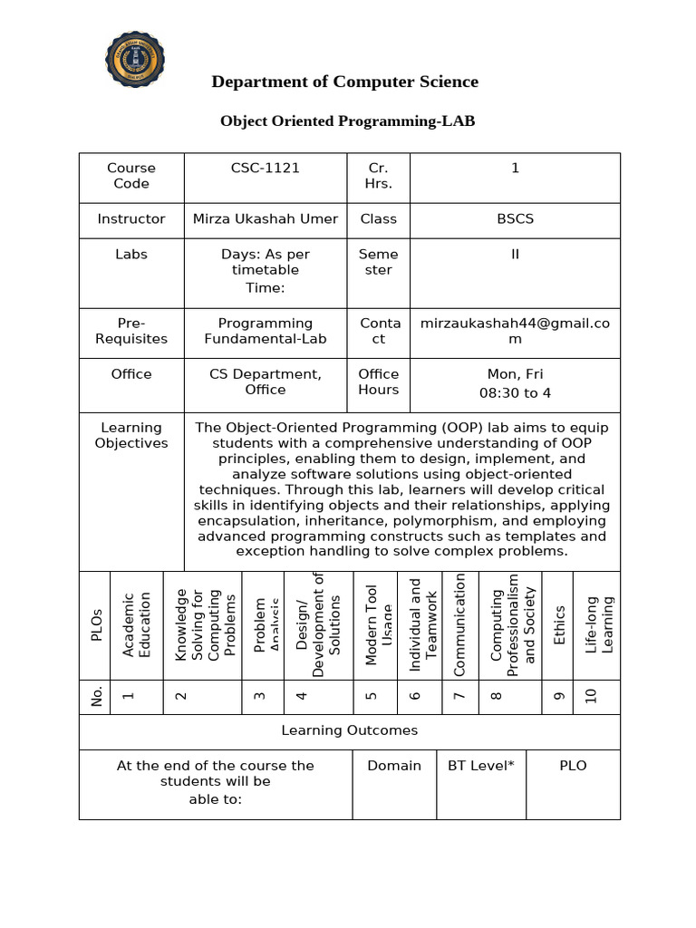 Course Outline CSC-1121-Object Oriented Programming-Lab For BSCS | PDF | C++ | Class (Computer ...