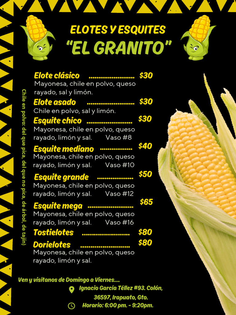 Menú Elotes y Esquites Moderno Negro y Amarillo | PDF | Cocina ...