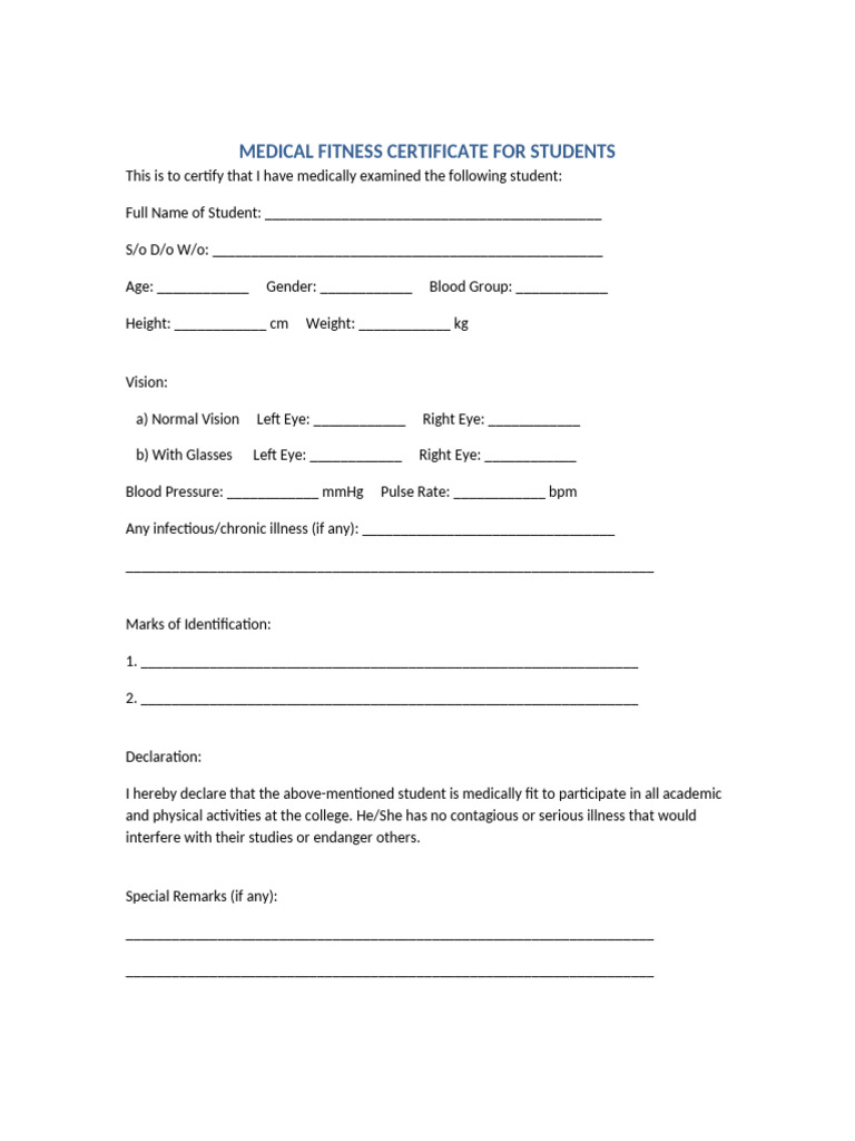 Professional Student Medical Certificate | PDF