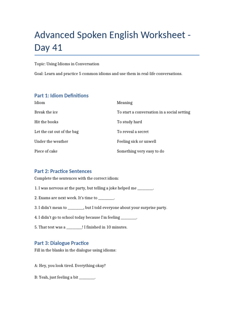 Idioms Practice Worksheet for Students | PDF