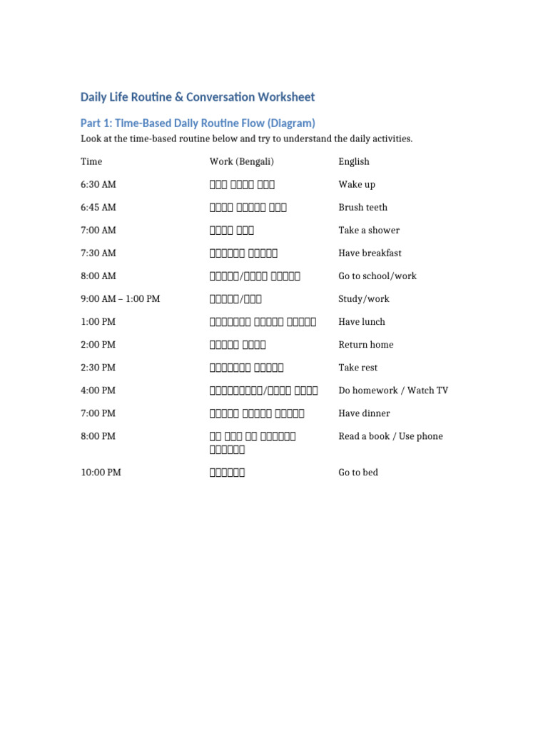 Daily Life Routine Conversation Worksheet | PDF