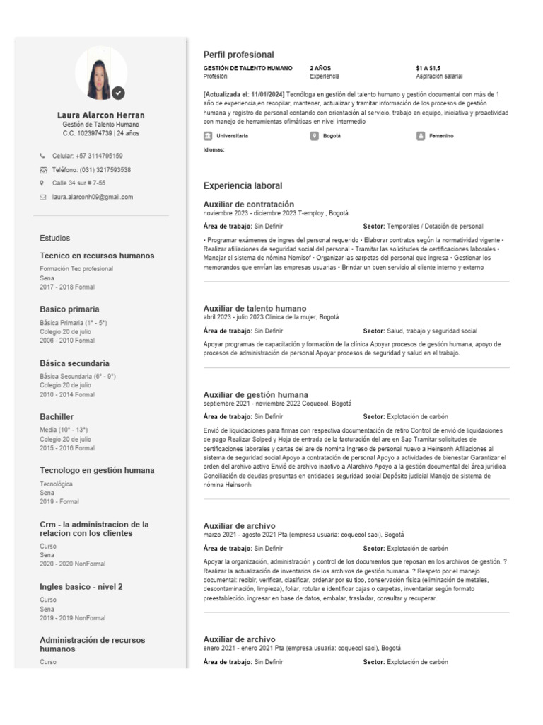 HVElempleo2090135876 Laura Alarcon Herran RRHH | PDF | Gestión de ...