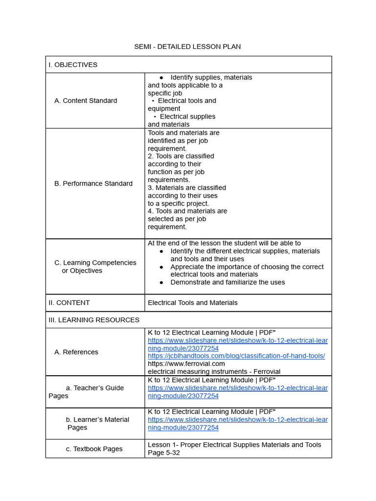 Electrical Tools and Materials Lesson Plan | PDF | Wire | Insulator ...