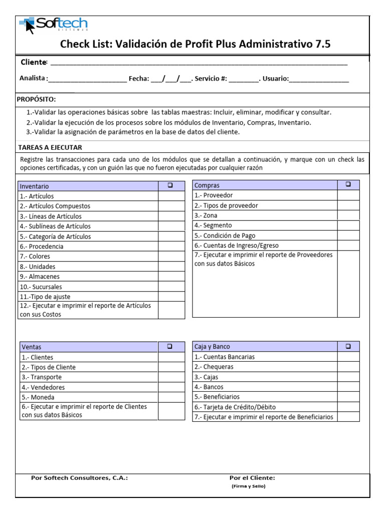 Check List Validacion Profit Plus Administrativo 7.5 - Tablas | PDF ...