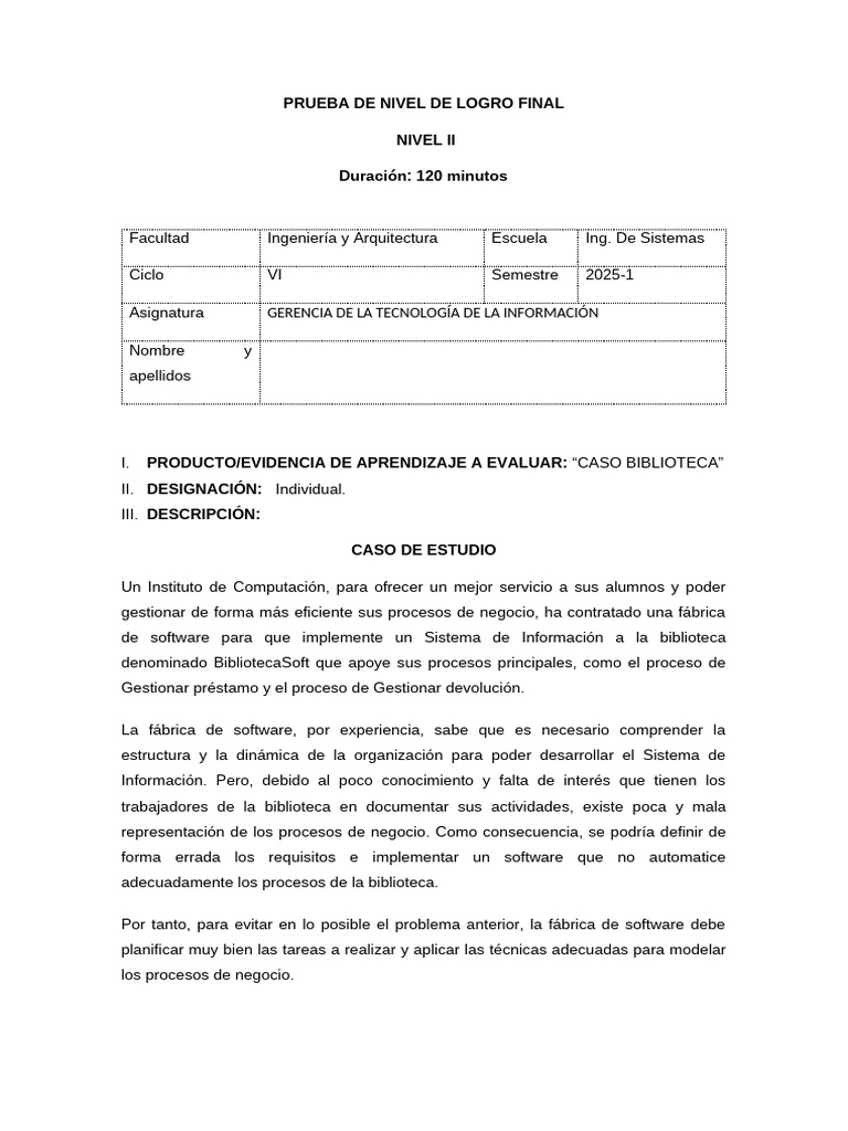 Prueba de Nivel de Logro 02-Final | PDF | Software | Procesos de negocio