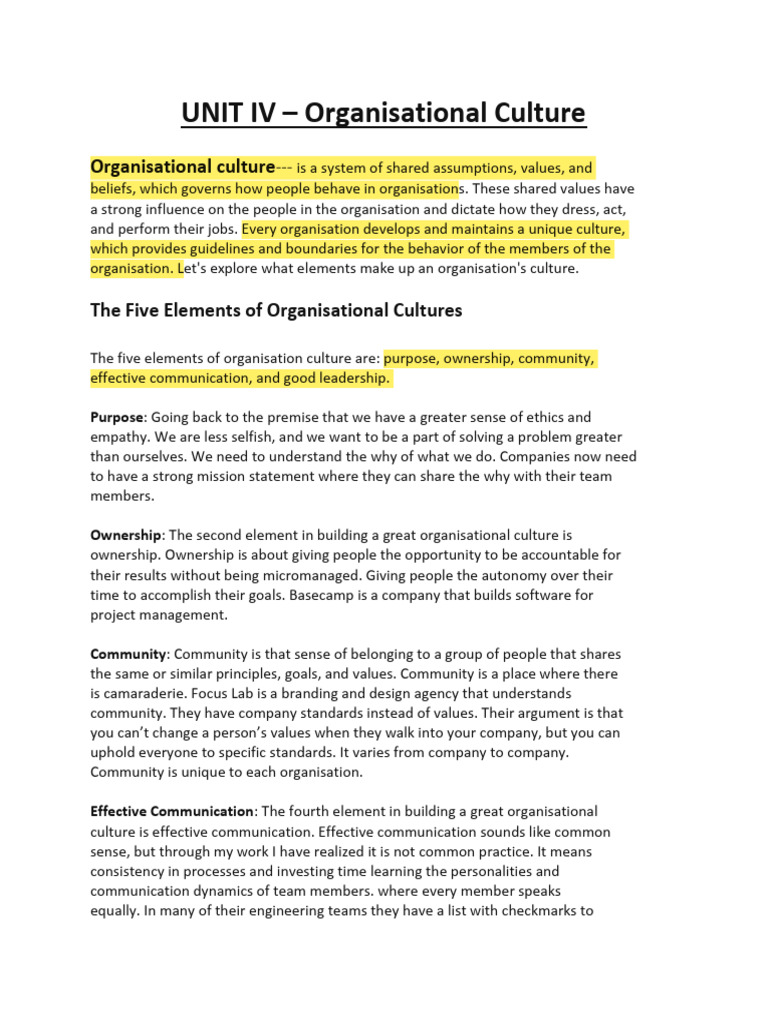 UNIT IV Organisational Culture | PDF | Organizational Culture | Leadership