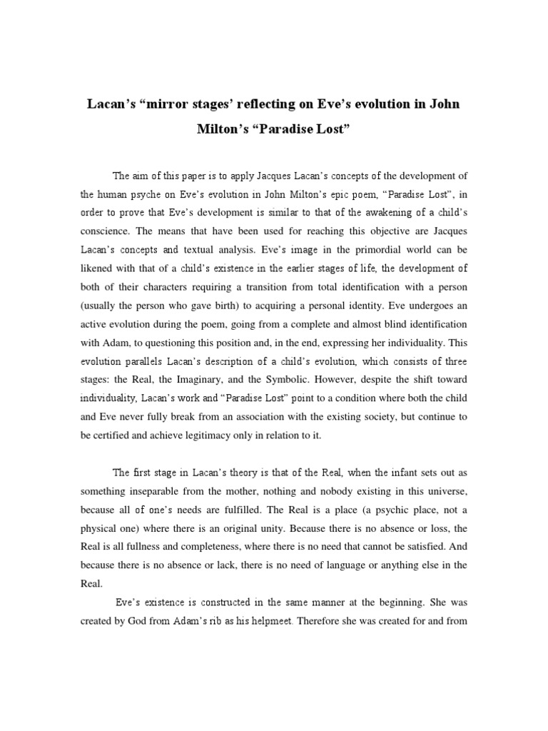 Lacan's "Mirror Stages' Reflecting On Eve's Evolution in John Milton's ...