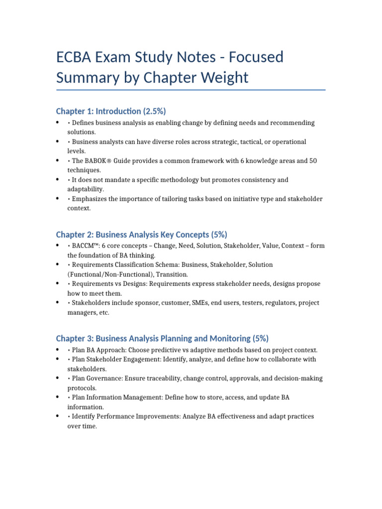 ECBA Exam Study Notes Overview | PDF | Business Analysis | Business
