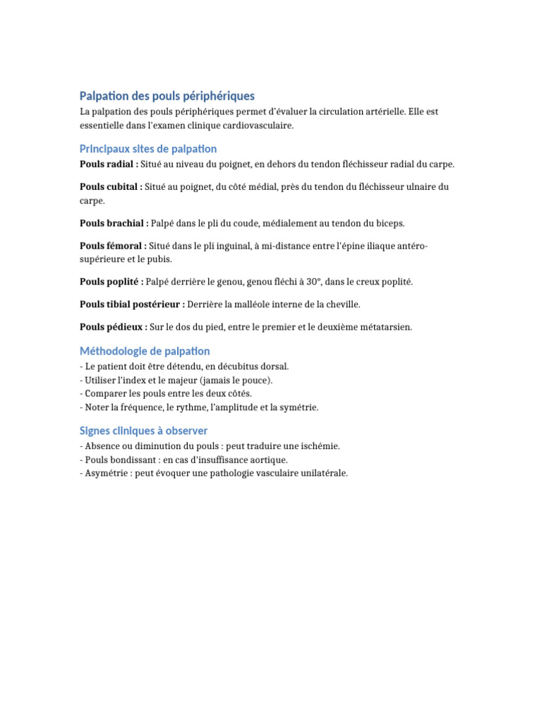 Palpation des Pouls Périphériques | PDF