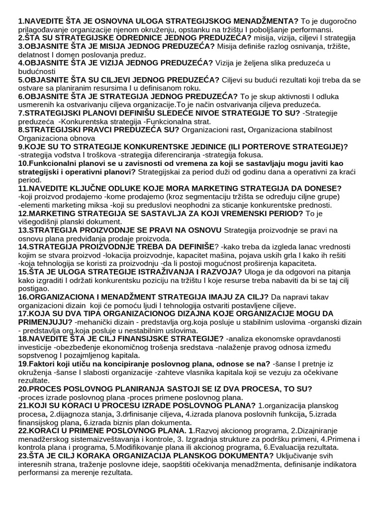 Ispitna Pitanja Poslovno Planiranje | PDF