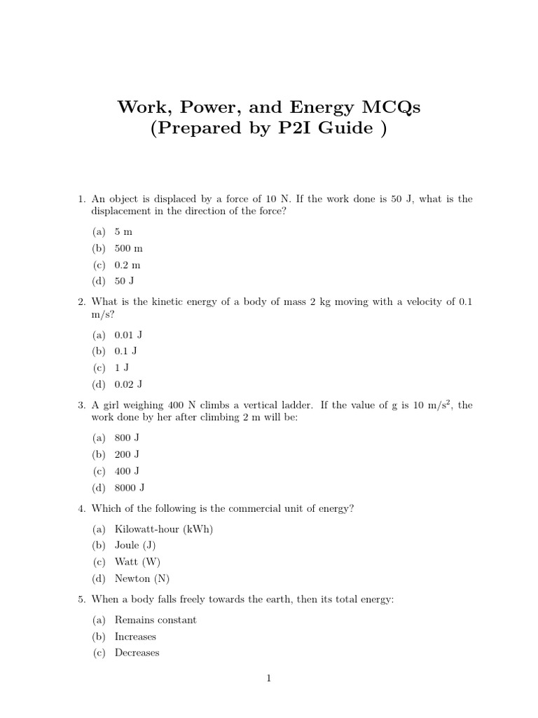 Work, Power and Energy MCQs Answers | PDF | Force | Potential Energy