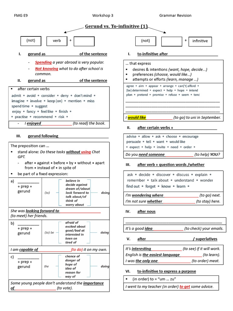 Ws - Grammar - Gerund vs. Infinitive | PDF | Syntax | Grammar