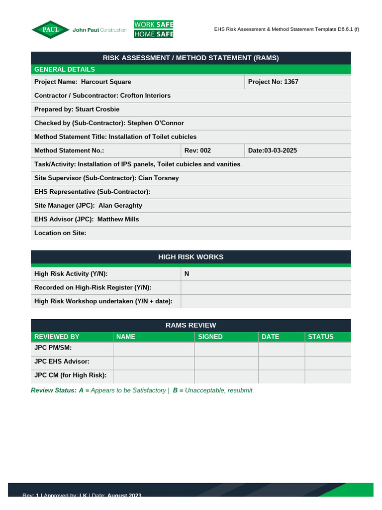 D6.6.1 (F) - EHS Risk Assessment and Method Statement Template Rev 002 | PDF | Door | Risk