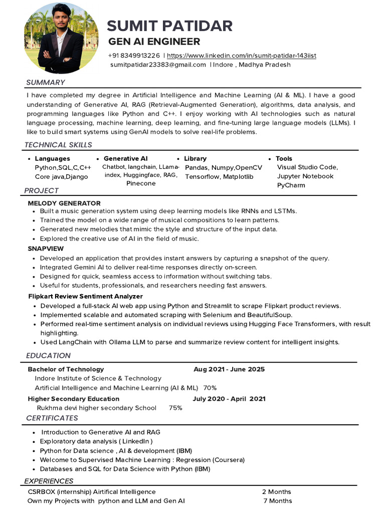 Sumit Patidar Gen Ai Engineer | PDF | Artificial Intelligence | Intelligence (AI) & Semantics