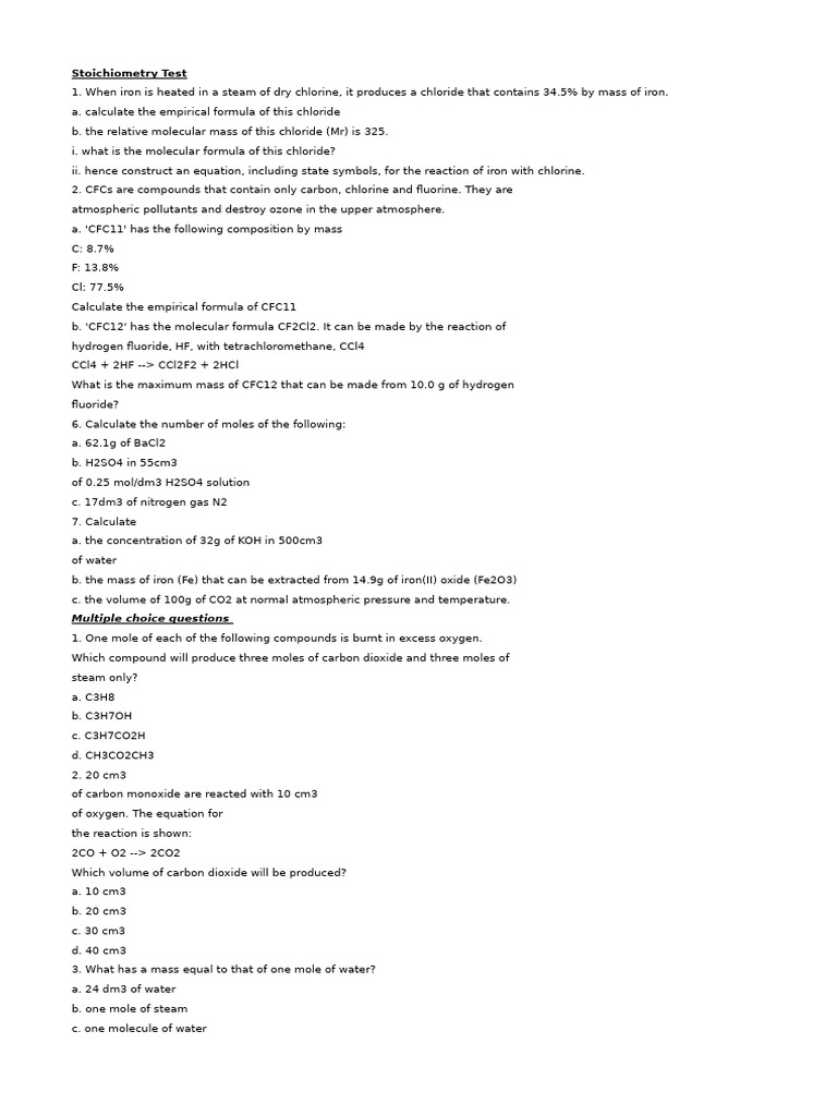 Chemistry Test Stoichiometry | PDF | Mole (Unit) | Chlorine