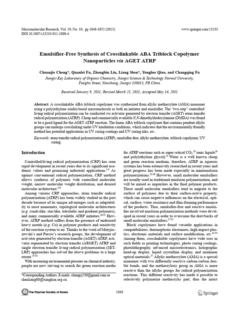 Emulsifier-Free Synthesis of Crosslinkable ABA Triblock Copolymer | PDF ...