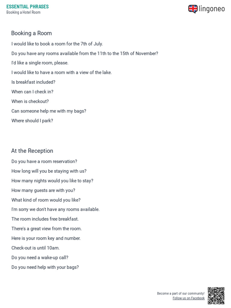 Booking A Hotel Room - Phrases List | PDF