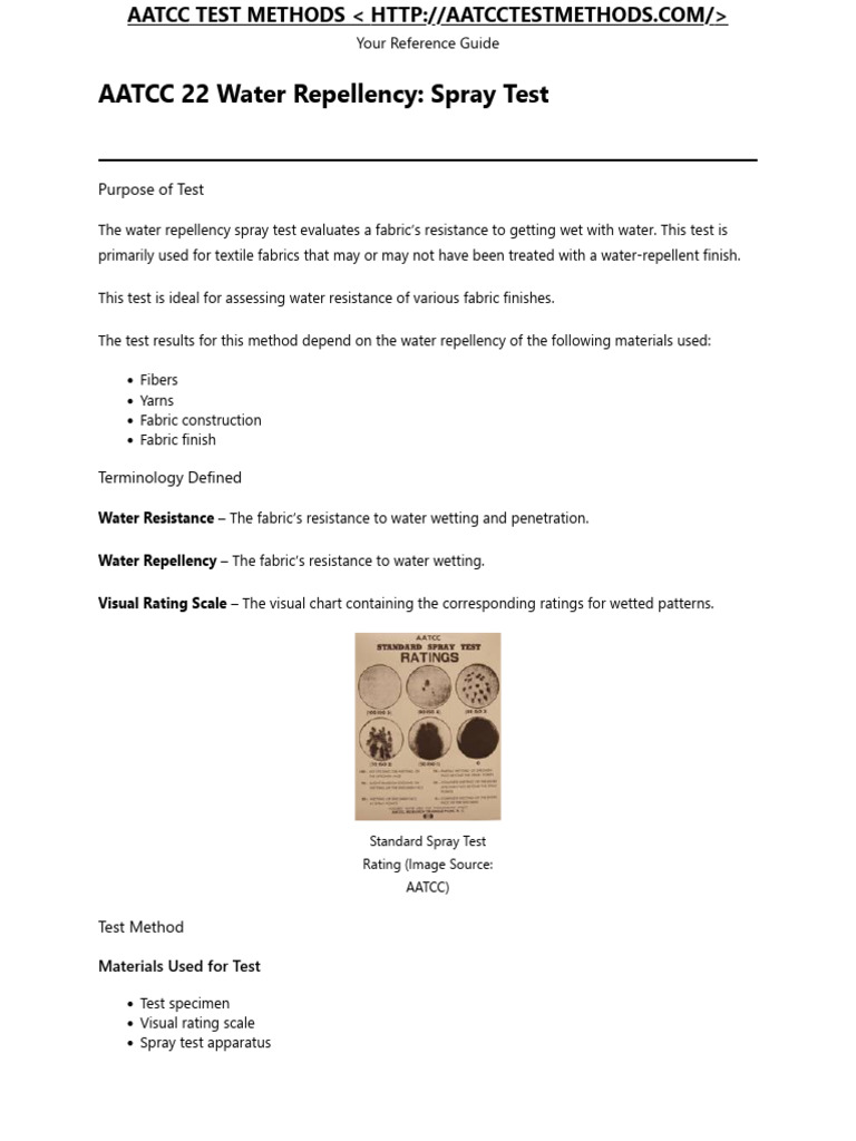 AATCC 22 Water Repellency - Spray Test - AATCC Test Methods | PDF