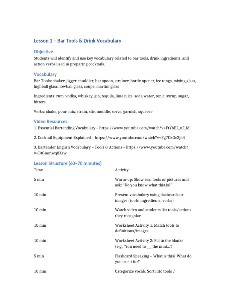 Bar Tools and Drink Vocabulary Lesson | PDF