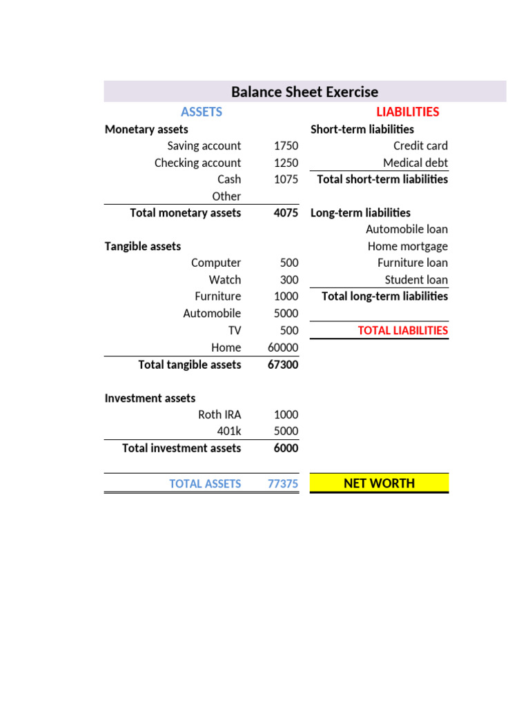 Balance Sheet Exercise Template Pdf