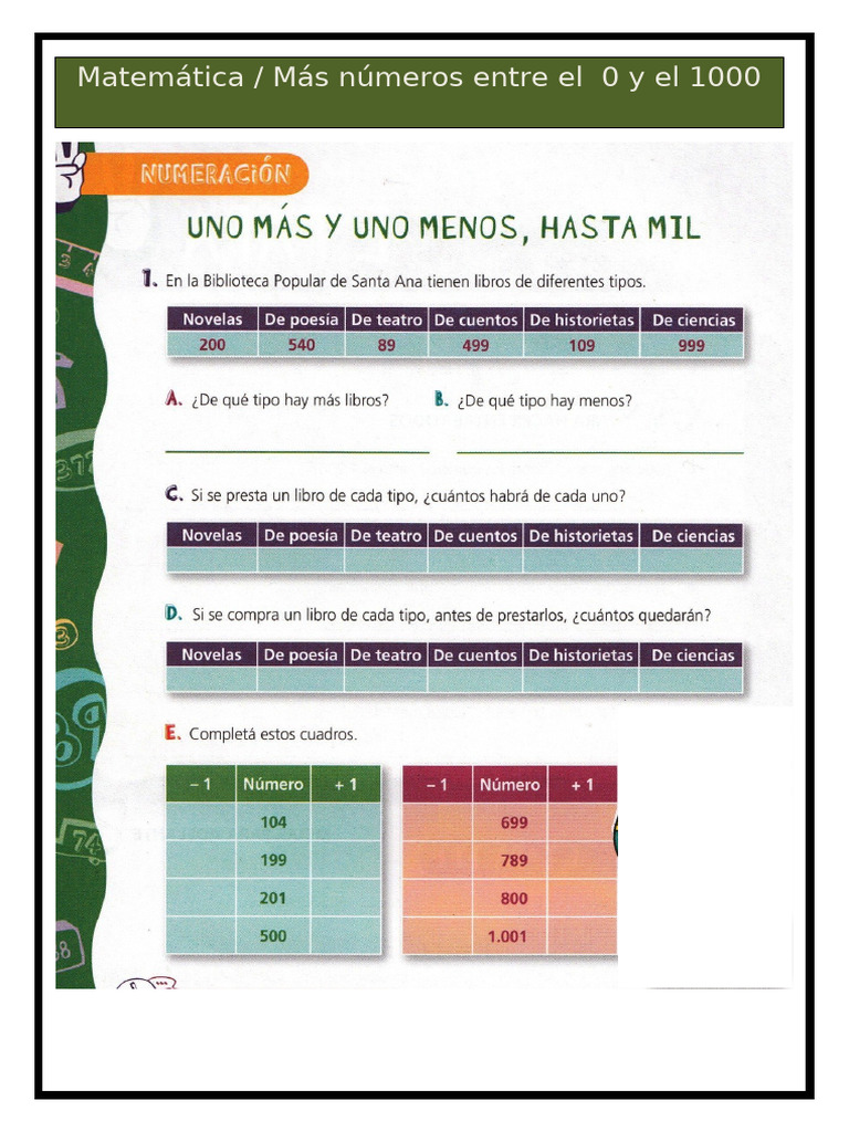 Mátemática - Uno Más Uno Menos Hasta El 1000 | PDF