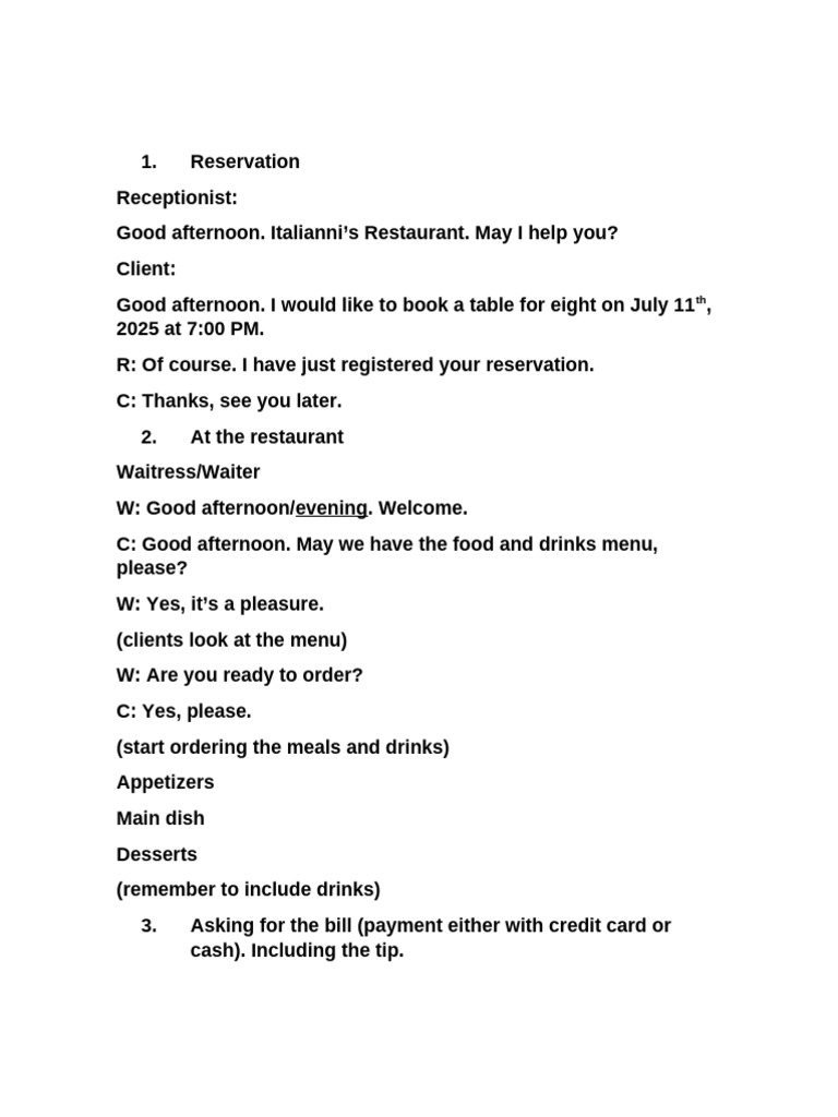 Vocabulary For The Restaurant | PDF