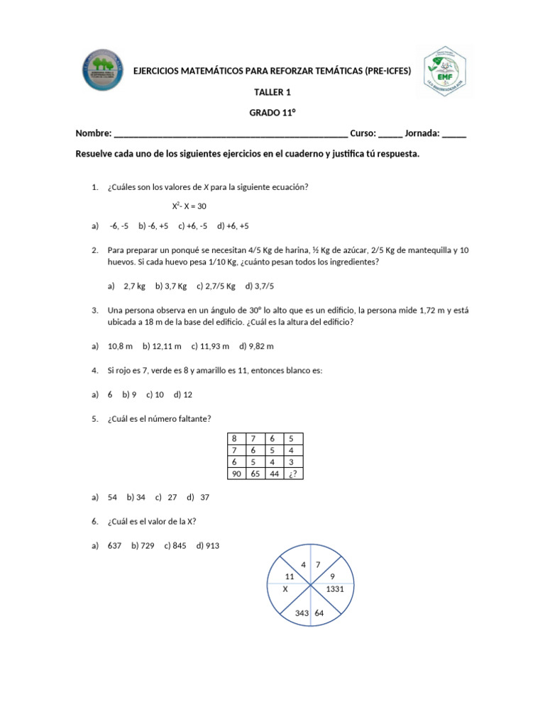 Ejercicios Matemáticas Pre-ICFES 2025 Taller 1 | PDF