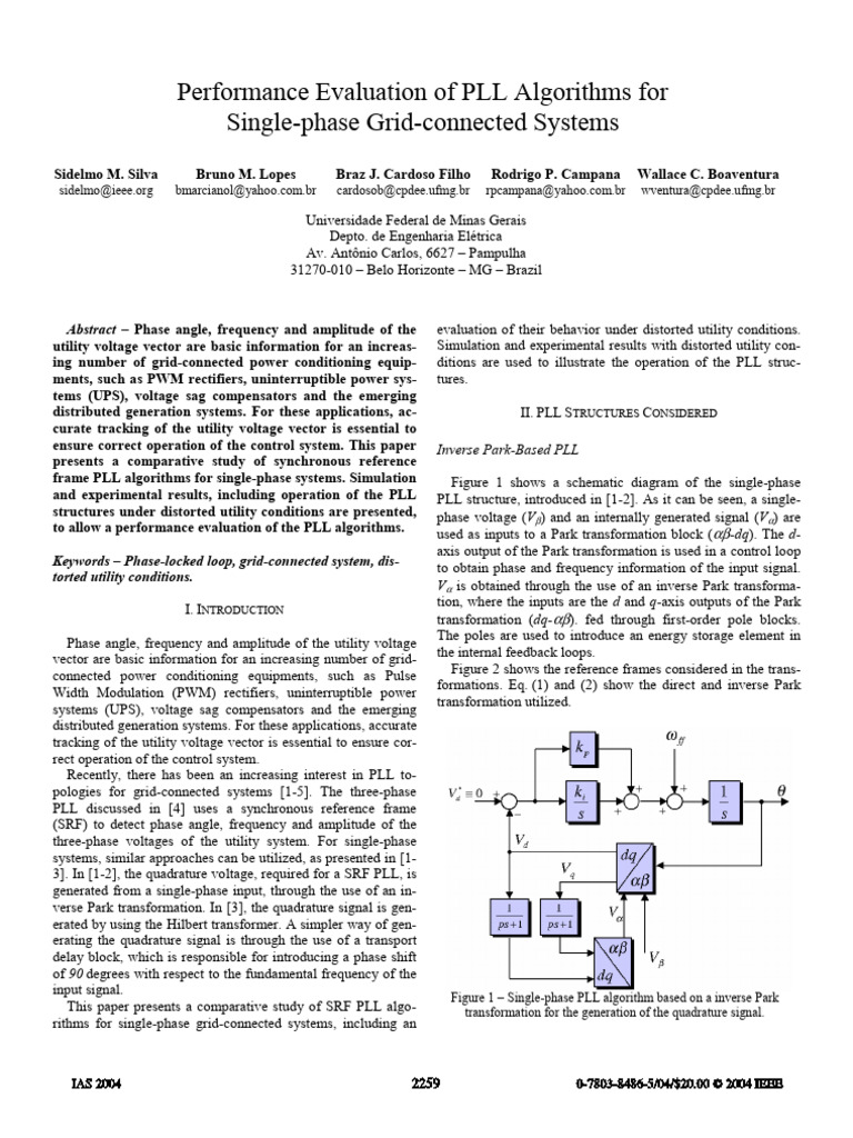 Performance Evaluation of PLL Algorithms For Single-Phase Grid-Connected Systems | PDF | Signal ...