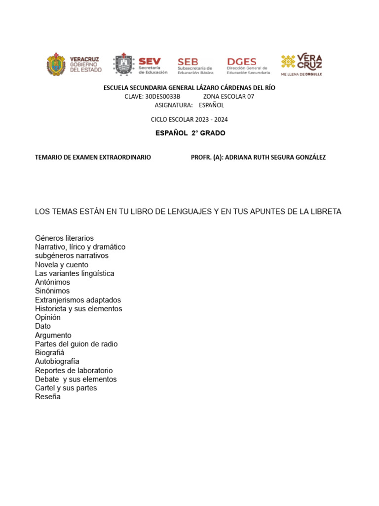 Temario de Examen Extraordinario 2do Grado 2024 | PDF