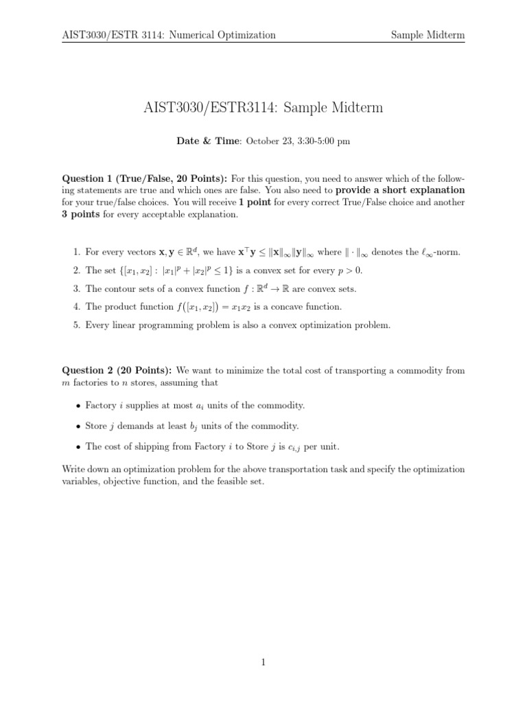 AIST3030&ESTR3114 Sample Midterm | PDF | Mathematical Optimization | Linear Algebra