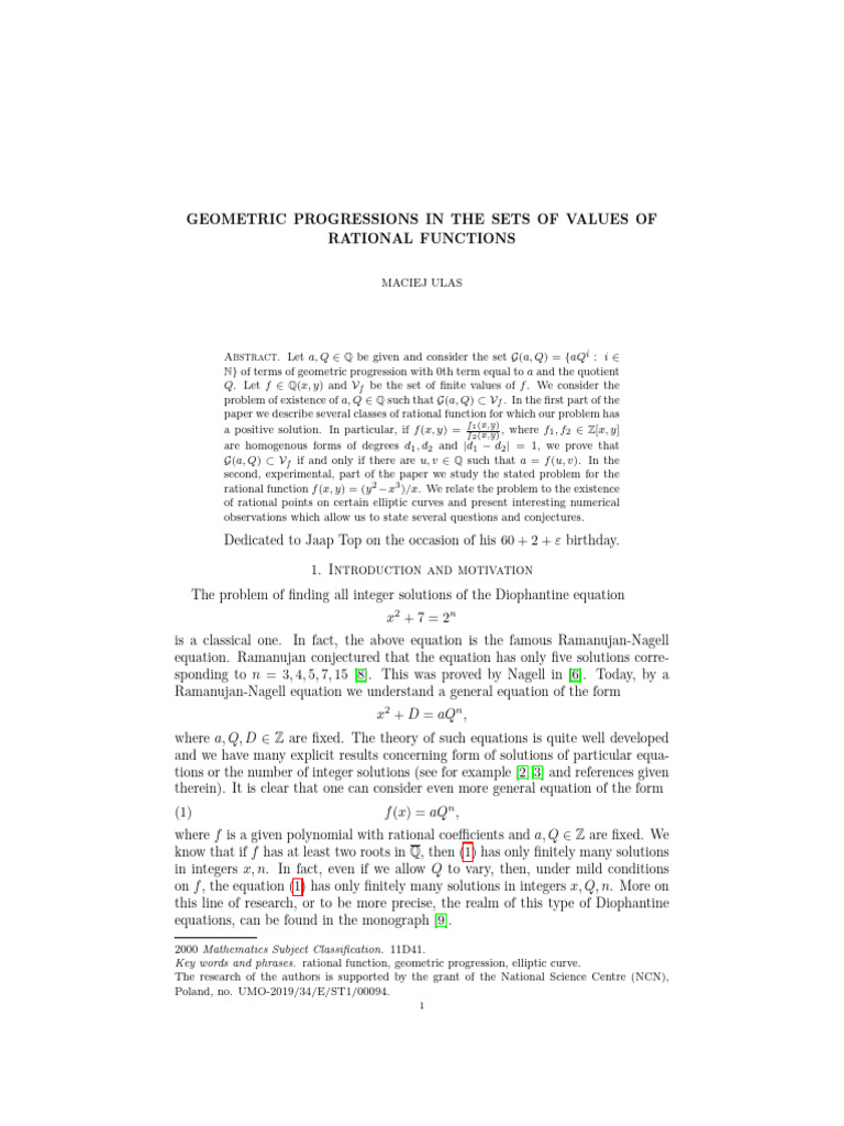 Geometric Progressions in The Sets of Values of Ra | PDF | Equations ...