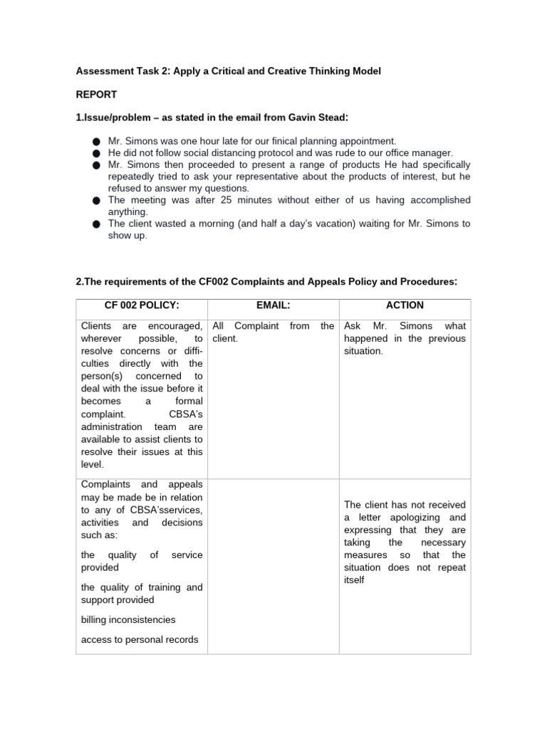 BSBCRT511 Assessment Task 2 - Apply A Critical and Creative Thinking ...